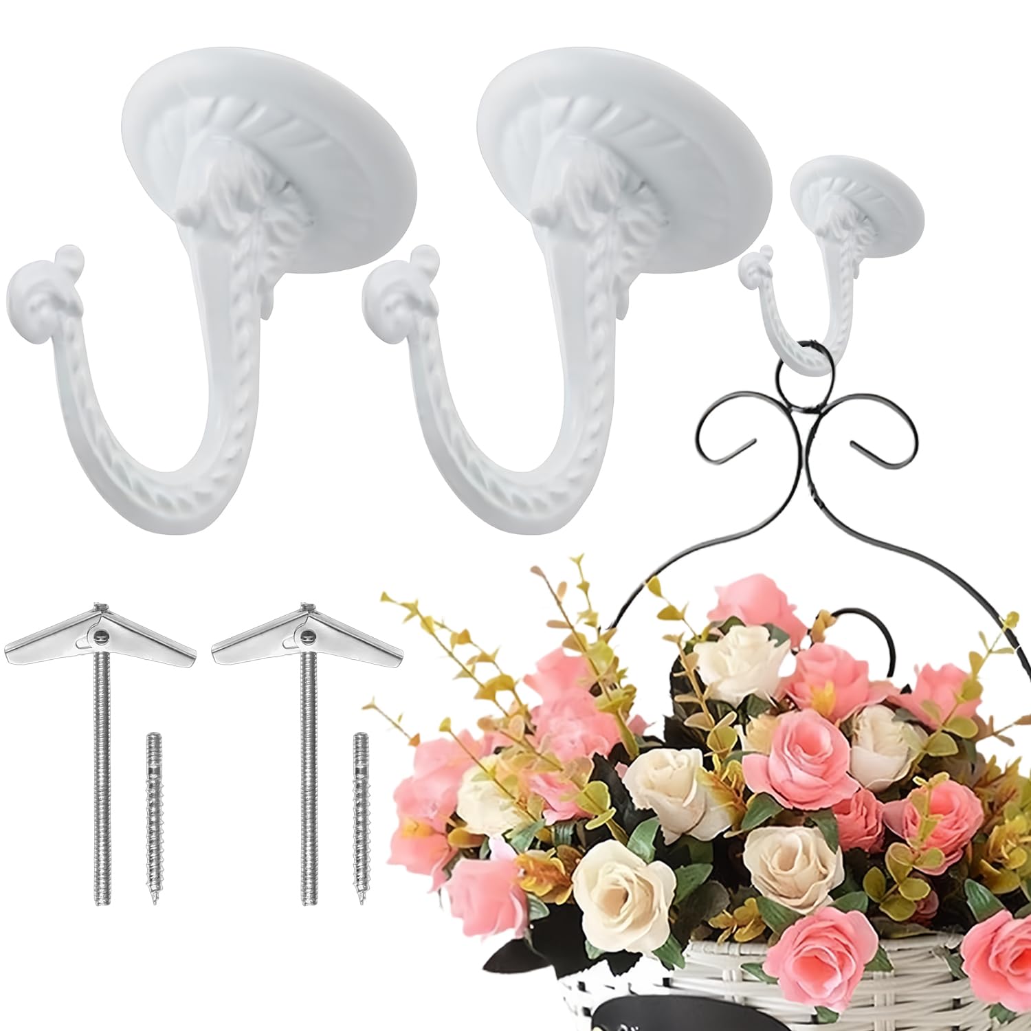 Armiika 2pcs Ceiling Metal Ceiling Hooks, Heavy Duty Swag Ceiling Hooks with Hardware for Hanging Plants/Chandeliers/Wind Chimes/Ornament (White Color)