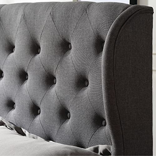 DeCoro Coventry Upholstered Platform Bed | Headboard and Metal Frame with Wood Slat Support | Grey, Queen Size