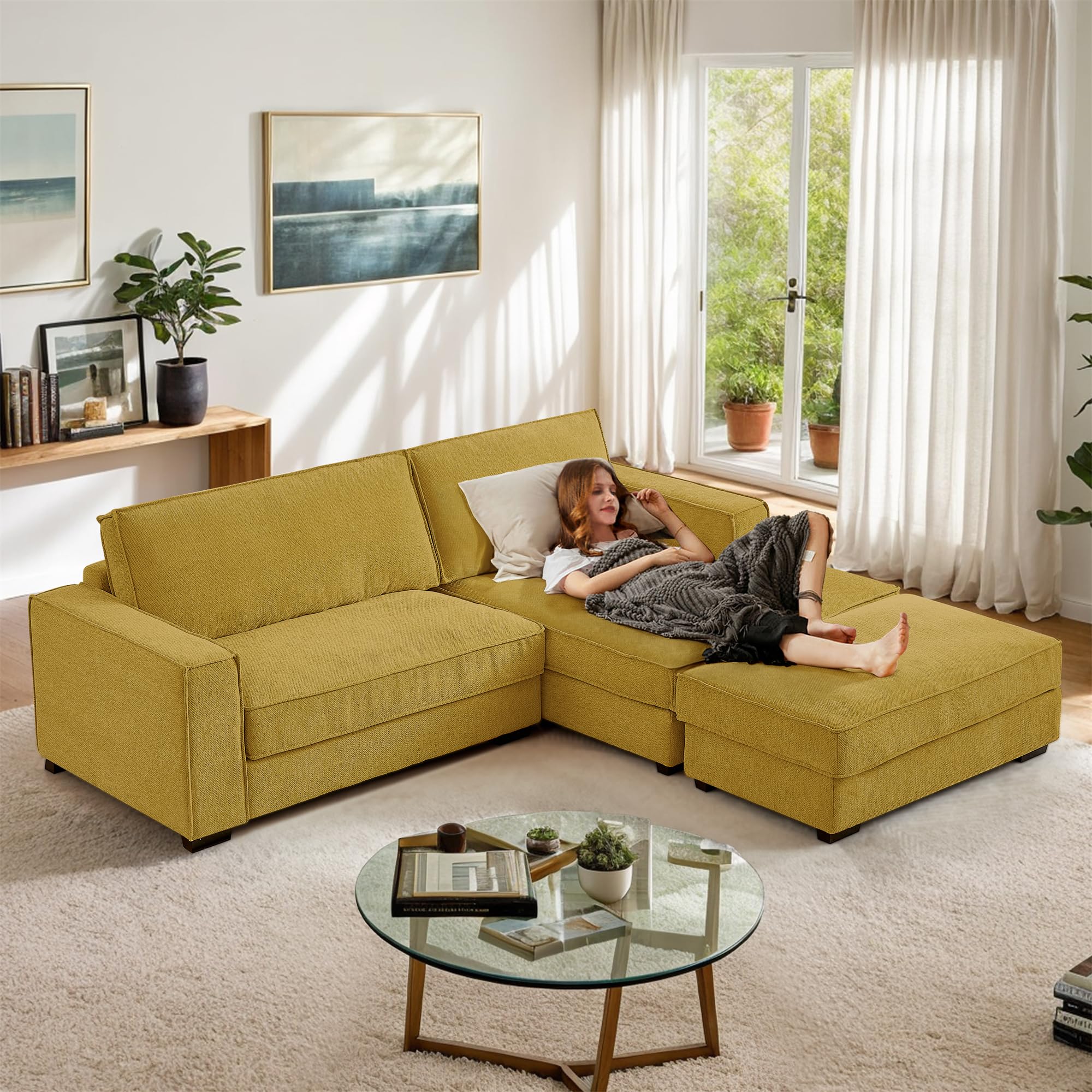 AUGOP Modern Chenille Fabric Ottoman for Modular Sectional Sofas - Versatile Footrest Living Room, Bedroom, Office Spaces (Yellow, Ottoman)