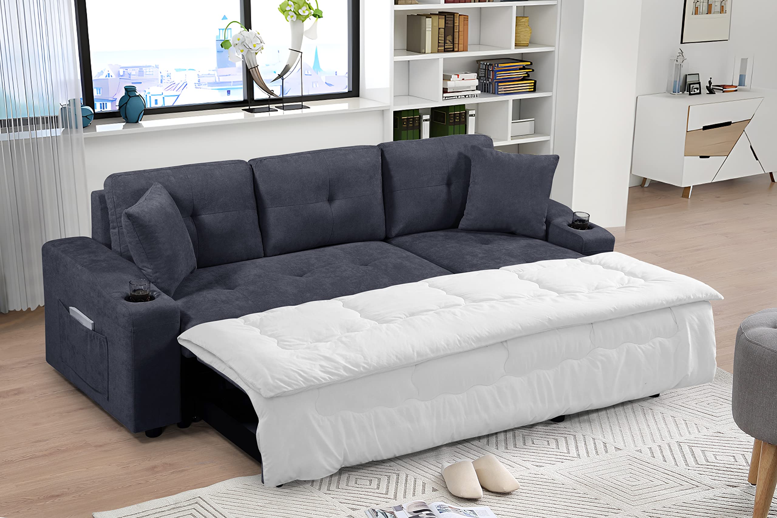 BIADNBZ Sectional Sofa Sleeper with Pull Out Bed and Reversible Chaise Lounge, Modern L-Shaped 3-Seat Couch SofaBed with Cupholders, Pillows & Side Pockets Storage, Dark Gray