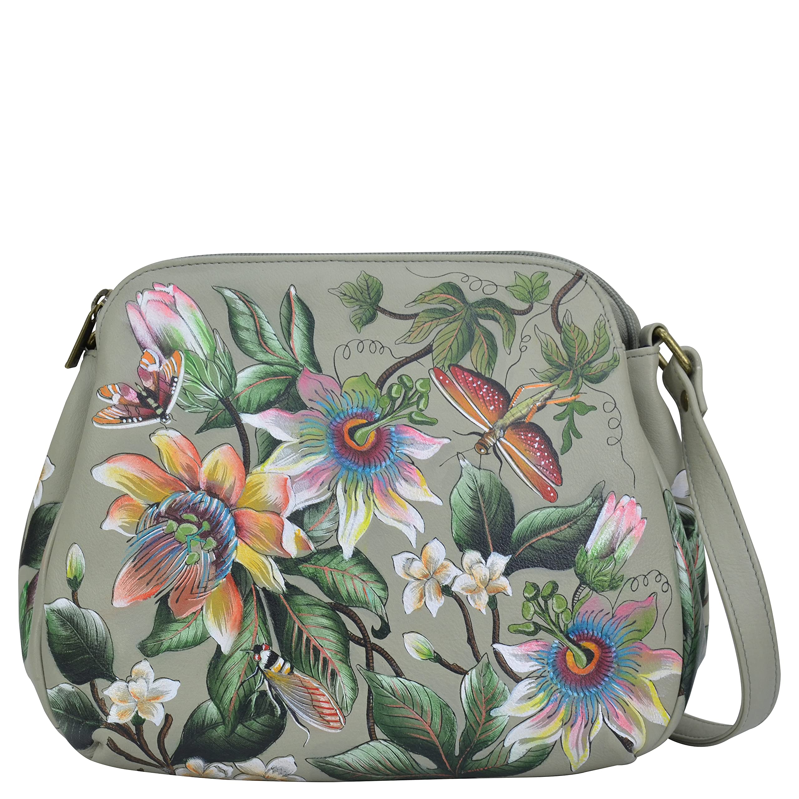 Anuschka Women’s Genuine Leather Multi Compartment Medium Bag - Hand Painted Exterior - Jungle Queen Ivory