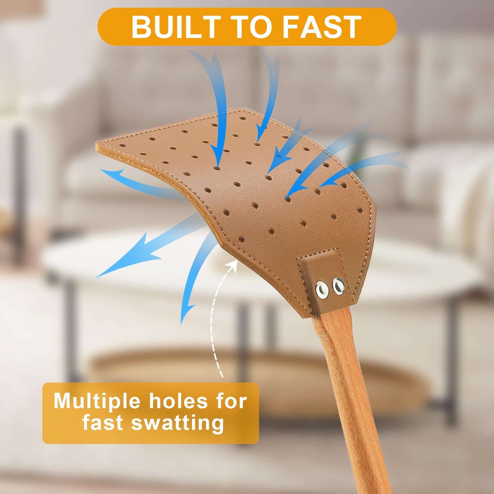 Leather Fly Swatter for Indoors/Outdoors, Heavy Duty Flyswatter with Walnut Wood Handle 19.7" Long Fly swatted Manual for Bug, Flies, Bees, Mosquitoes Brown