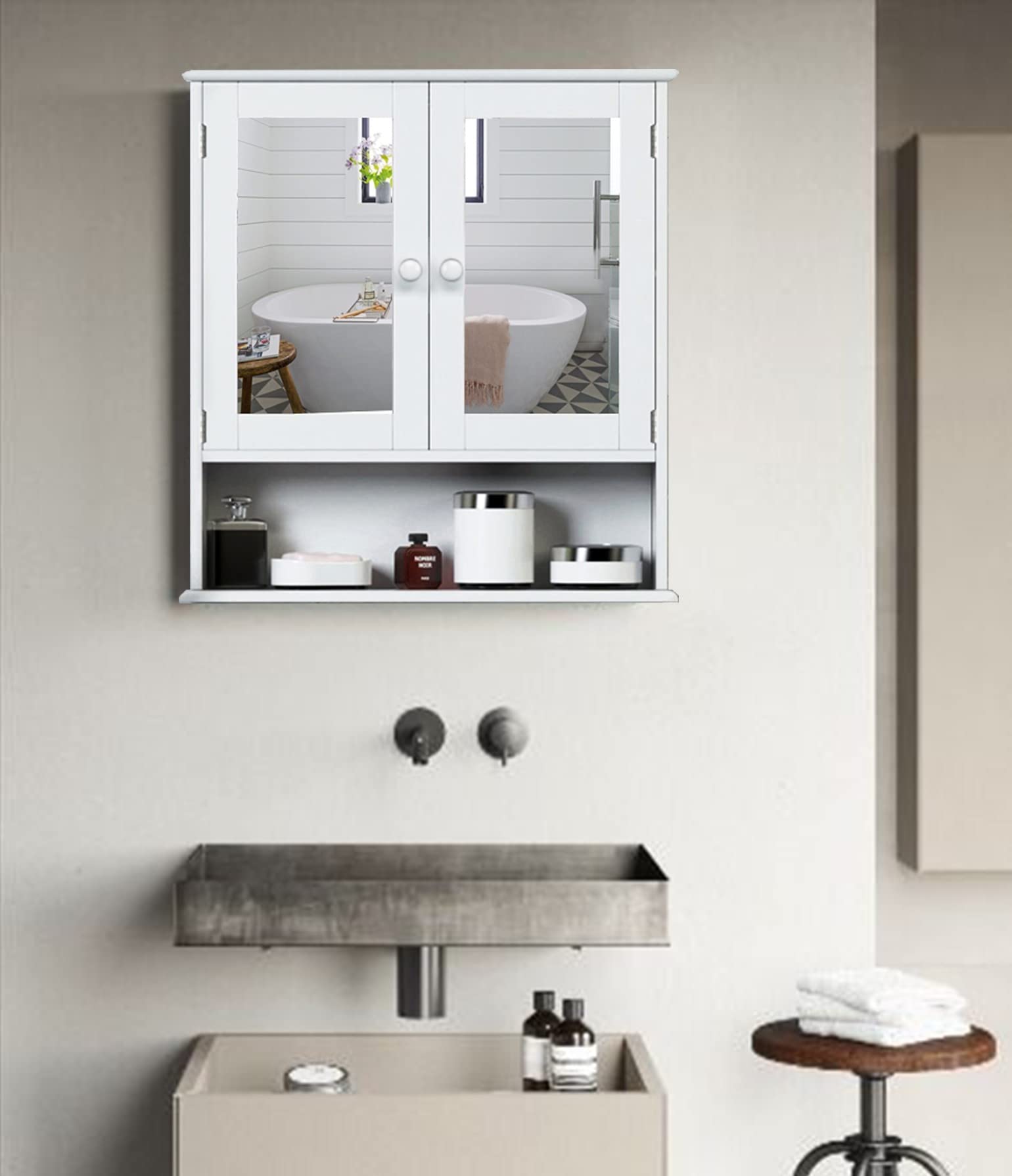 Wall Cabinet, Bathroom Medicine Cabinet with Double Mirror Doors, Wood Hanging Wall Mounted Cabinet with Adjustable Shelf, Storage Cabinet for Laundry Room, Kitchen, White Finish