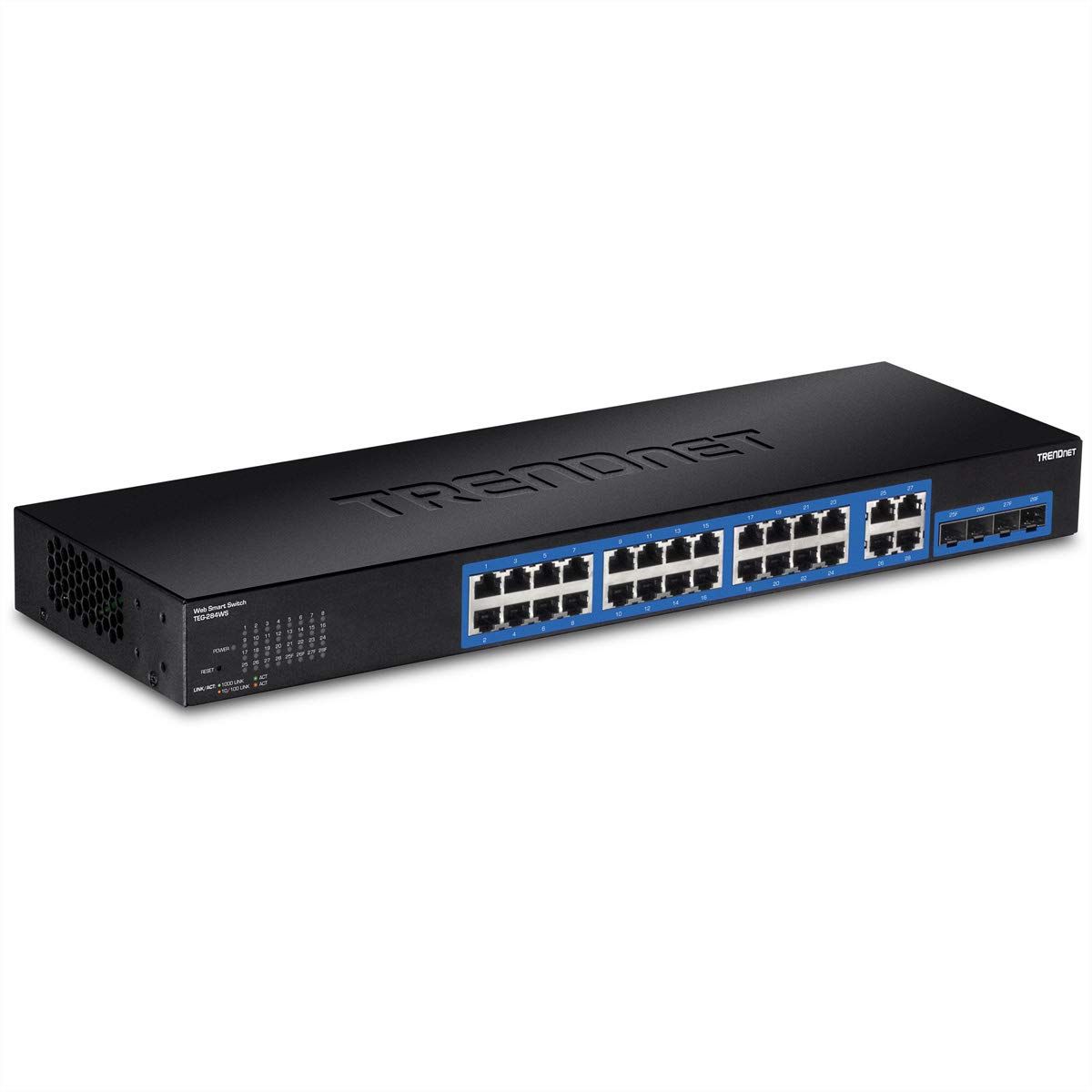 TRENDnet 28-Port Gigabit Web Smart Switch, 24 x Gigabit Ports, 4 x Shared Gigabit Ports (RJ-45/SFP), VLAN, QoS, LACP, IPv6, 56Gbps Switching Capacity, Lifetime Protection, TEG-284WS,Black