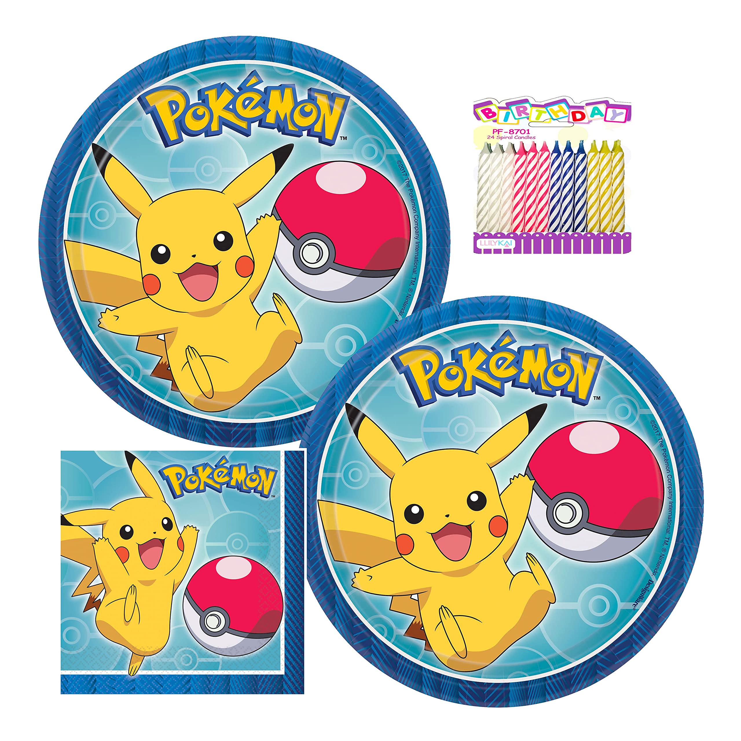 PokĂŠmon Party Supplies Pack Serves 16: 7" Plates and Beverage Napkins with Birthday Candles (Bundle for16)
