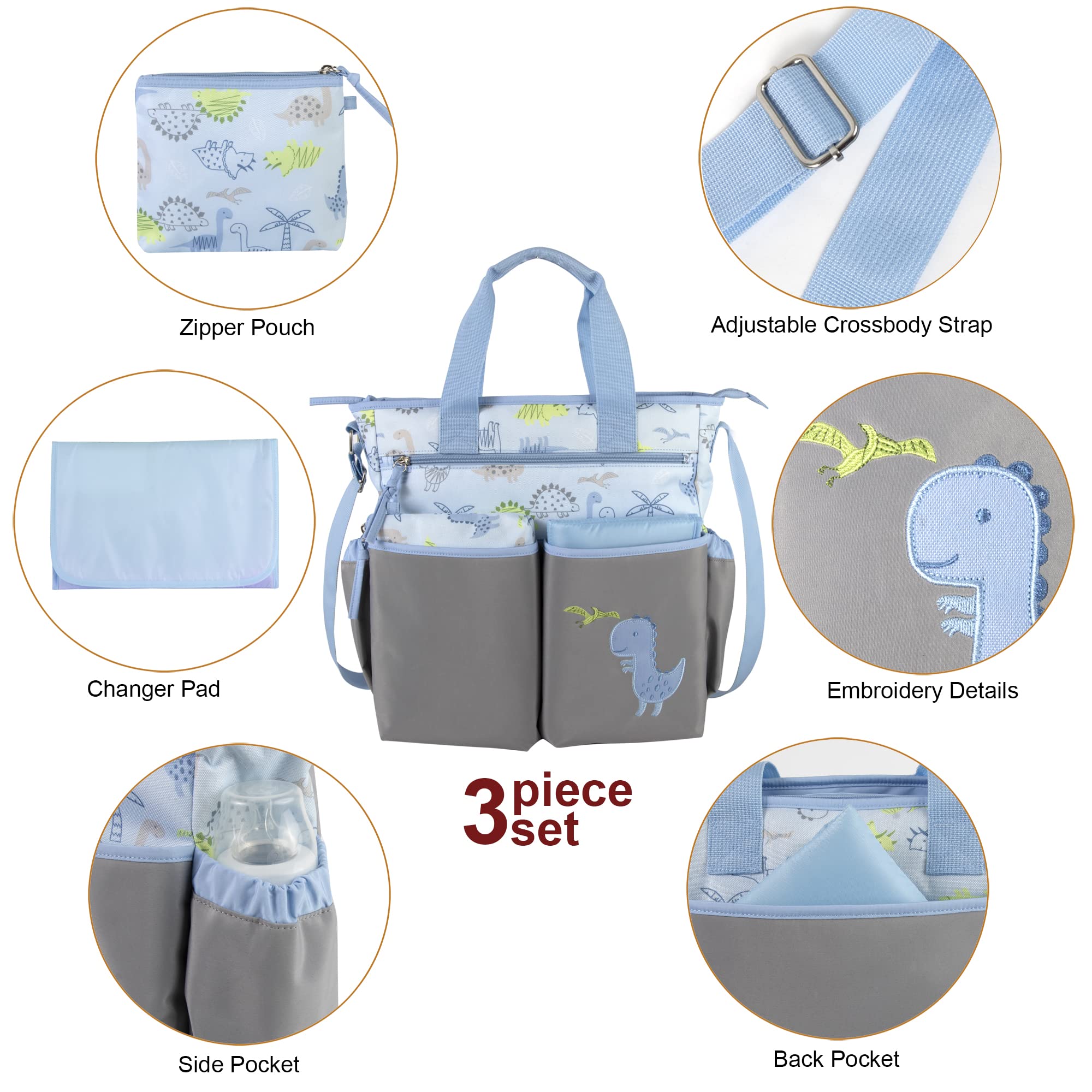 Crossbody Dinosaur Diaper Bag Tote with Changing Station for Baby Boy, 3 Piece Diaper Bag Set (Dinosaurs)