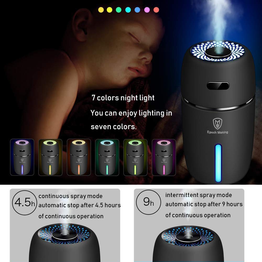 Epoch Making USB Car Humidifier, 200 Milliliter Mini Portable Humidifiers Air Purifier with 7 Colors LED Night Light, Quiet Operation, Adjustable Mist Modes for Travel Home Baby Office Car (Black)