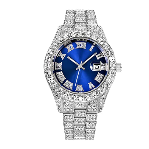 CdyBox Men Hip Hop Watch with Roman Scale Calendar Crystal Rhinestone Watches Stainless Steel Iced-Out Wrist Watch (Silver Blue)