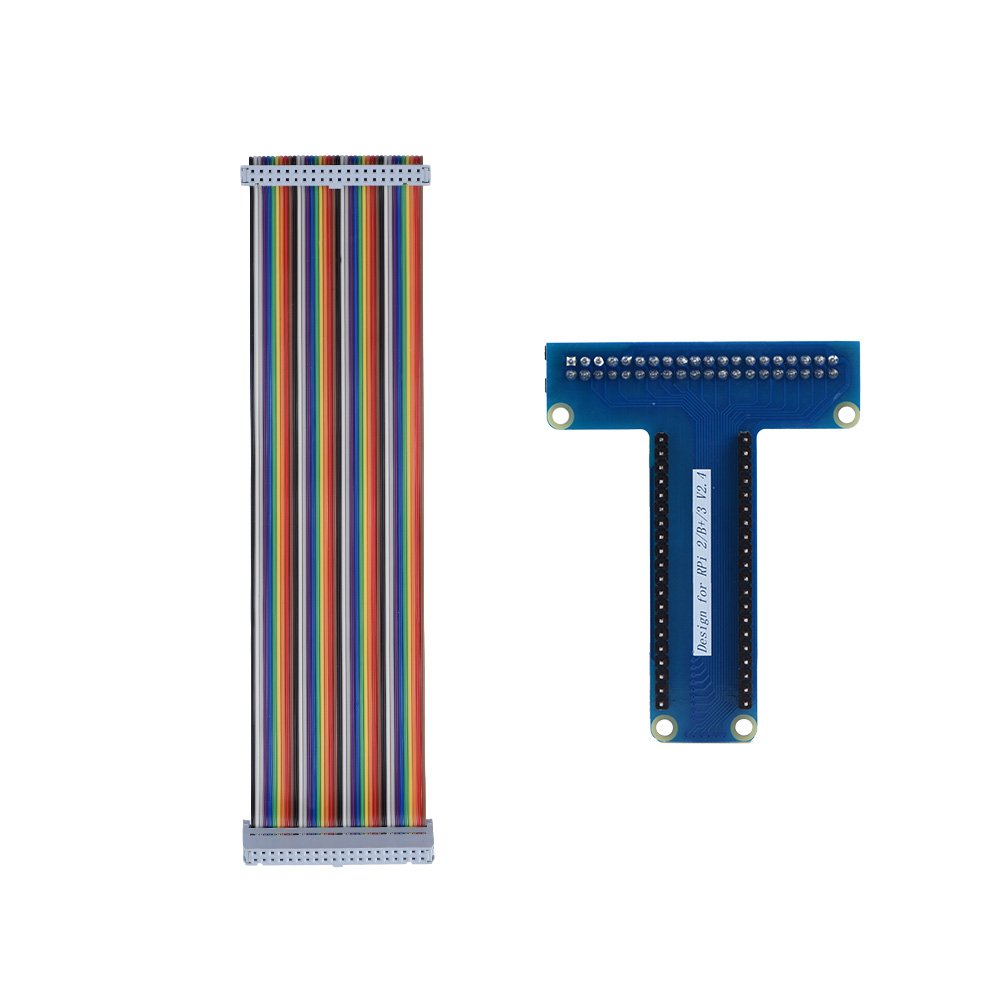 T-Type GPIO Extension Board +40Pin Ribbon Flat Cable - Copper Core, Rainbow Looking - Applied to Breadboard Test - Extending Kit for 1B+/ 2B/ 3B