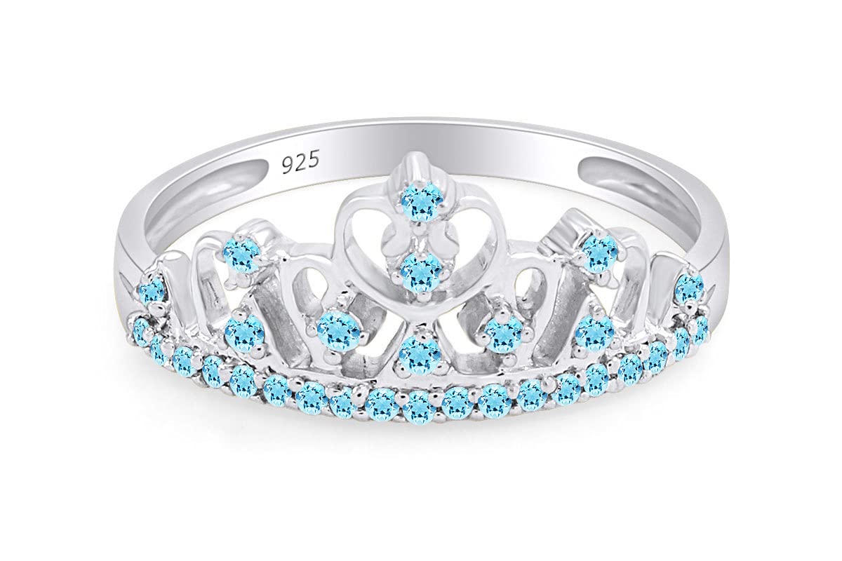 AFFY Round Cut Simulated Aquamarine Princess Crown Ring in 14k White Gold Over Sterling Silver