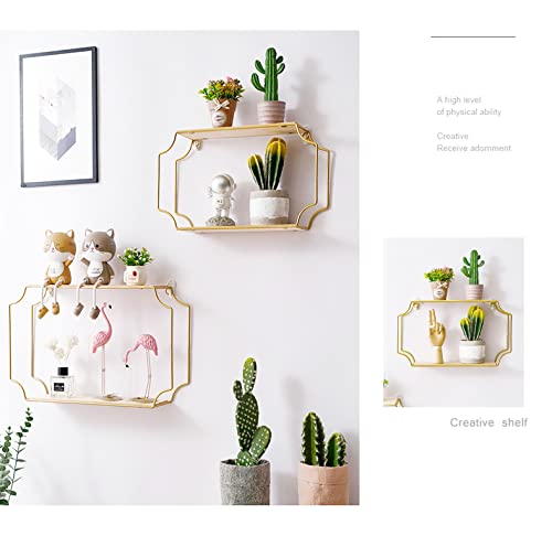 Dianhengmi Rectangular Floating Shelves Wall Decor, Gold Metal Wire and Wood Wall Mounted Large Space Storage Shelf Home Decorations Art for Bedroom Living Room Kitchen Bathroom, Set of 3