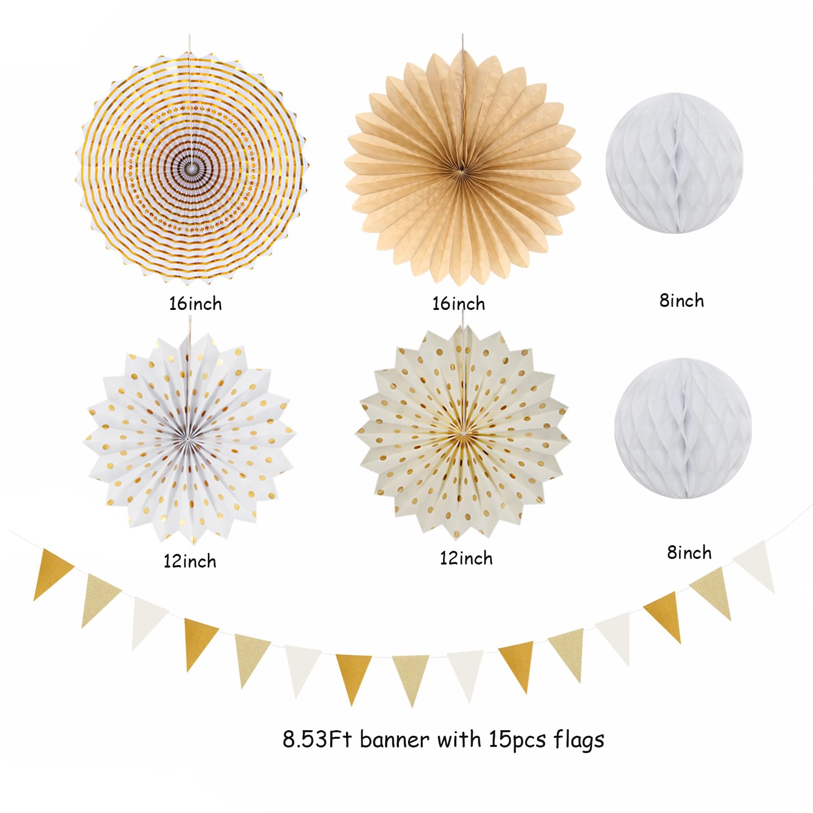 Beige-Champagne Gold White-Peach Boho Party-Decorations - 20pcs Neutral Baby Shower Rustic Wedding Paper Lanterns Fans,Tissue Pom Poms,Honeycomb Balls,Bunting,Birthday Bridal Decor Burgleda