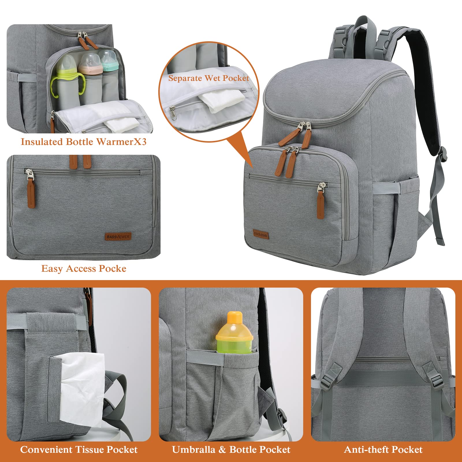 BAGSVIEWER Diaper bag backpack, Waterproof Baby Bag with Extra Large Changing Pad, Multifunctional Baby Diaper Bag Travel Backpack, Large Capacity, Stylish and Durable, Grey