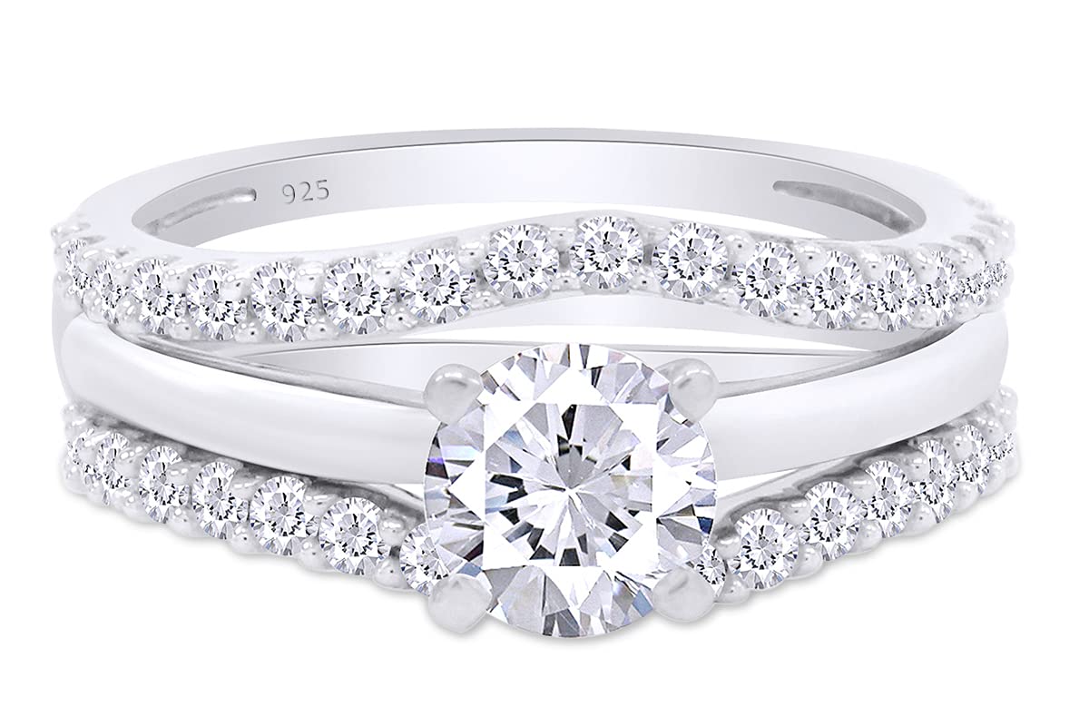 AFFY Round White Cubic Zirconia Enhancer Guard Ring In 14K White Gold Over Sterling Silver Jewelry For Women (1.00 Cttw) Ring Size-9.5
