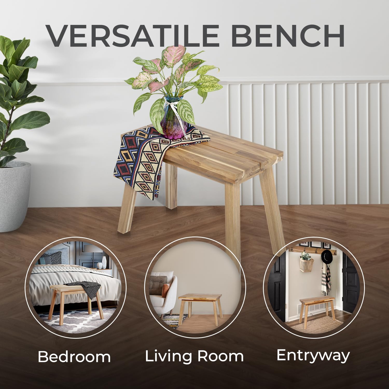 ARROWSTONE Bench 100% Solid Acacia Wood, Backless, Wax Galvanized Finish, Easy Assembly, End Table Wooden Bench Furniture for Plant, Dining Room, Entryway, Indoor (26 inches)