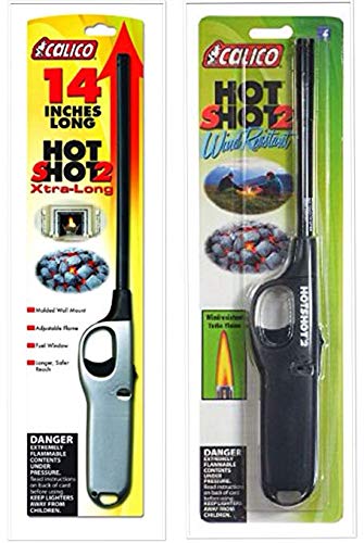 calico 2 Pack Combo Hot Shot Xtra Long and Standard Wind Resistant Lighter Safe for Camping/Grilling/Home, Adjustable Flame