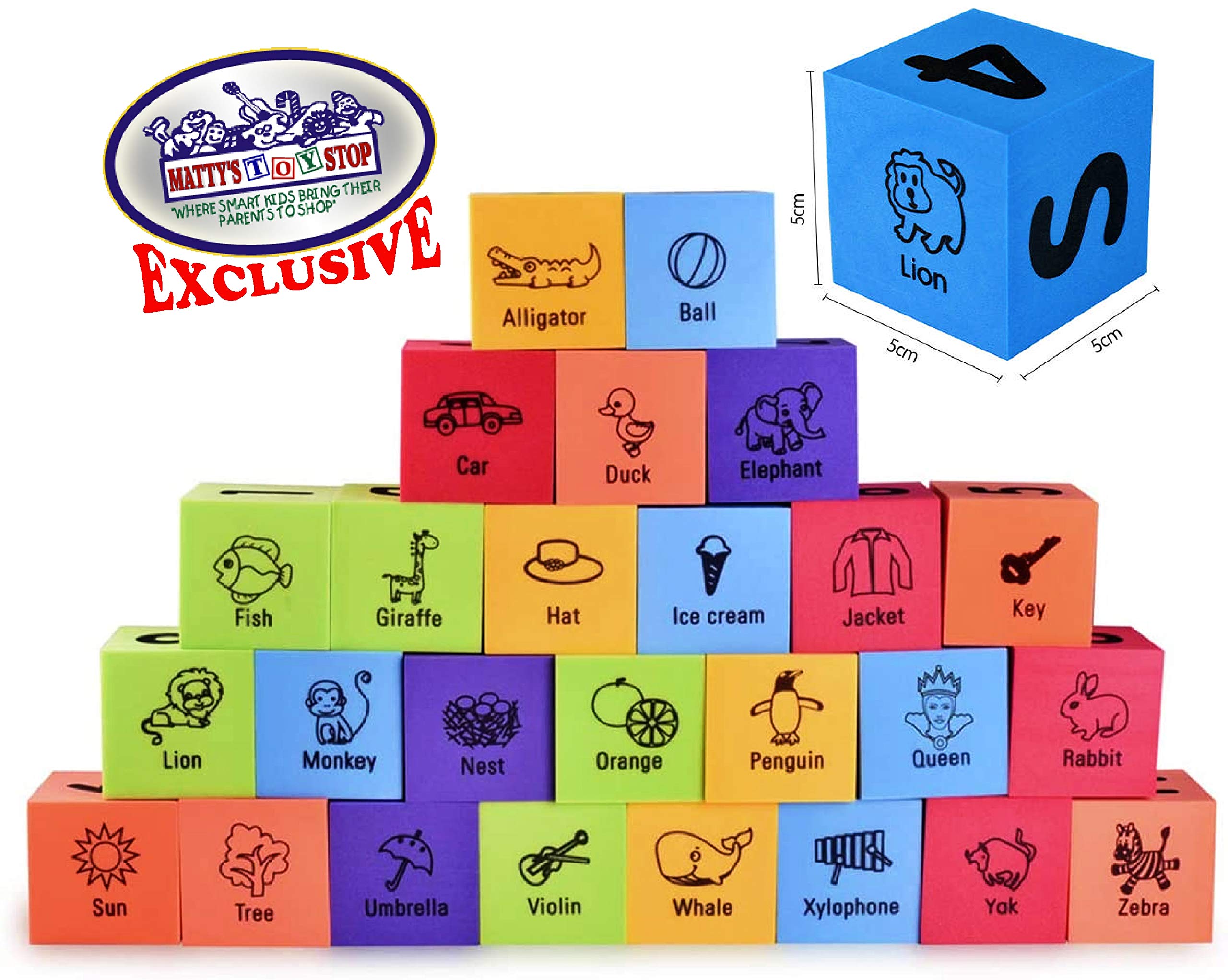 Deluxe 2" EVA Foam Colorful Building Blocks (30 PCS) Featuring Abc's, Numbers & Pictures with Bonus Matty's Toy Stop Storage Bag