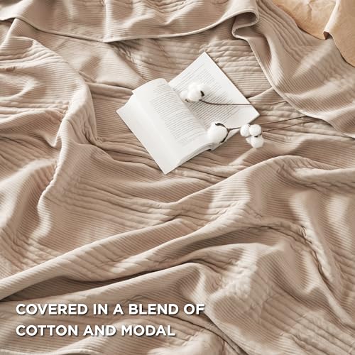 Bedsure Summer Quilt Blankets Queen Size, Breathable Quilted Bed Blankets for Spring, Super Soft Blanket with Striped Texture, Modal Cotton Thermal Blanket for All Seasons, Tan Khaki, 90x90