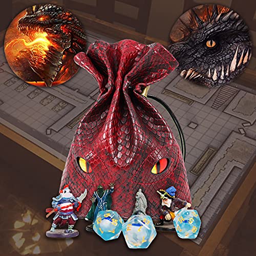 Dice Bag Can Hold 6 Dice Sets, Glow in The Dark Eyes Large Dragon D and D Dice Storage Bag for DND Board Games, Red Fiery Dragon Leather Coin Pouch for Fantasy RPG Games Accessories, Drawstring Pouch