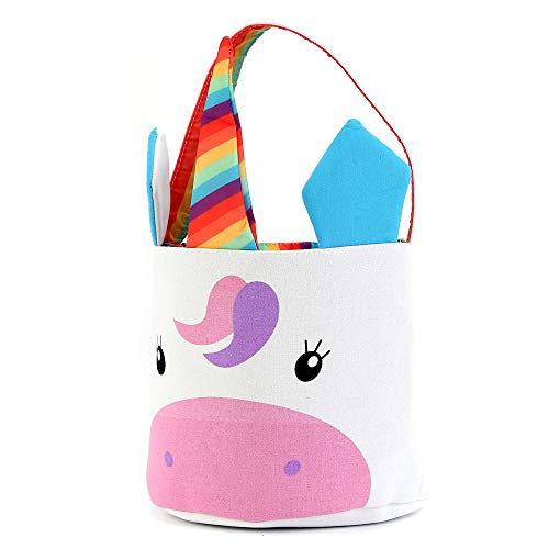 Unicorn Easter Basket Canvas Cartoon Easter Basket Bag for Eggs Hunts (Rainbow Unicorn)