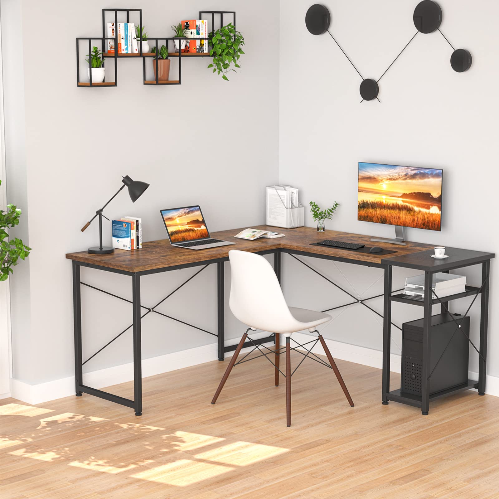 Ecoprsio L-Shaped Desk Large L Shaped Gaming Desk with Storage Shelves Industrial Corner Desk Writing Study Table for Home Office Gaming Workstation, Rustic Brown and Black