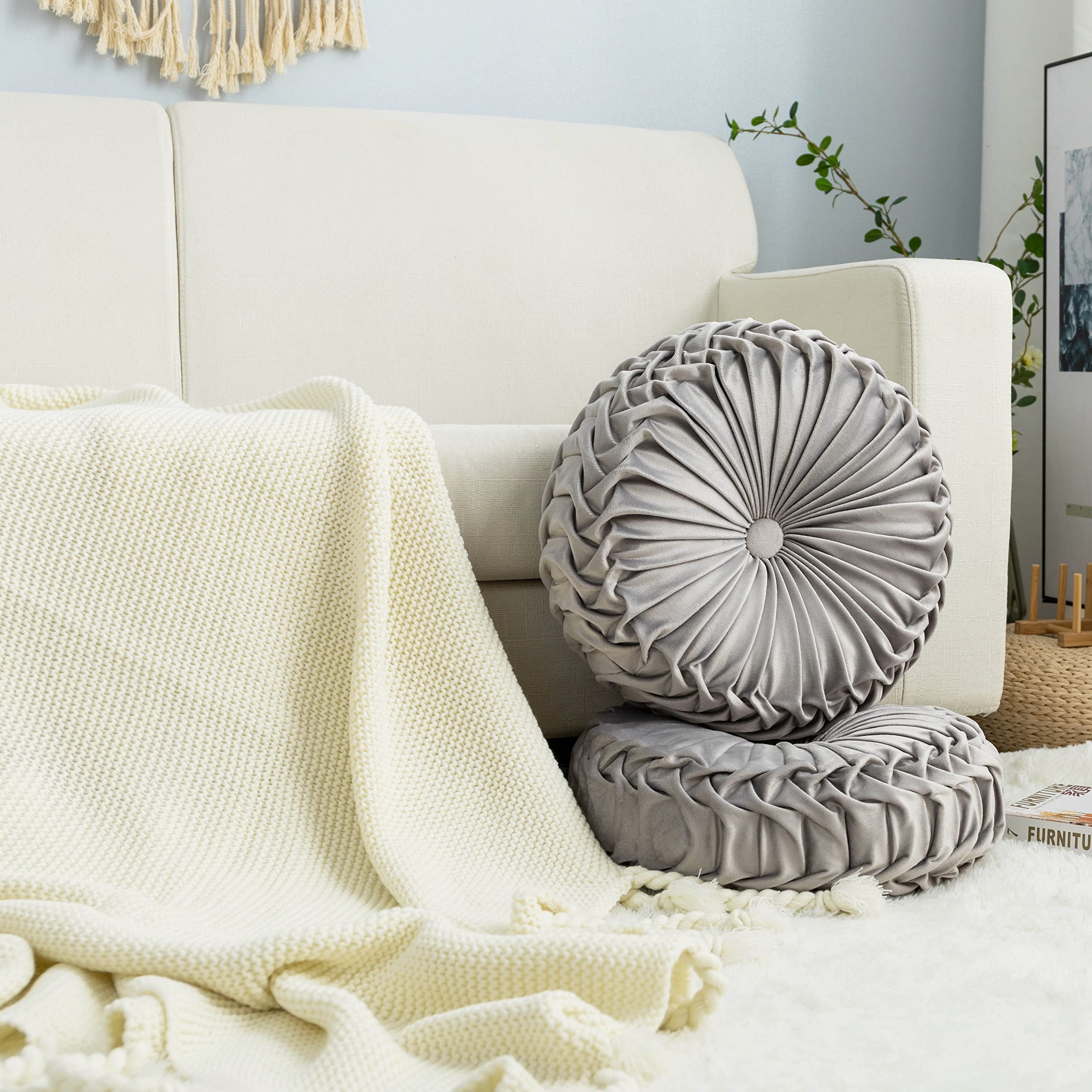 FONORAN Round Throw Pillows,Home 15.7 Round Floor Cushions Pillow,Handcrafted Pumpkin Velvet Home Decorative Back Pillow Cushion for Sofa Couch Chair Bed (Gray)