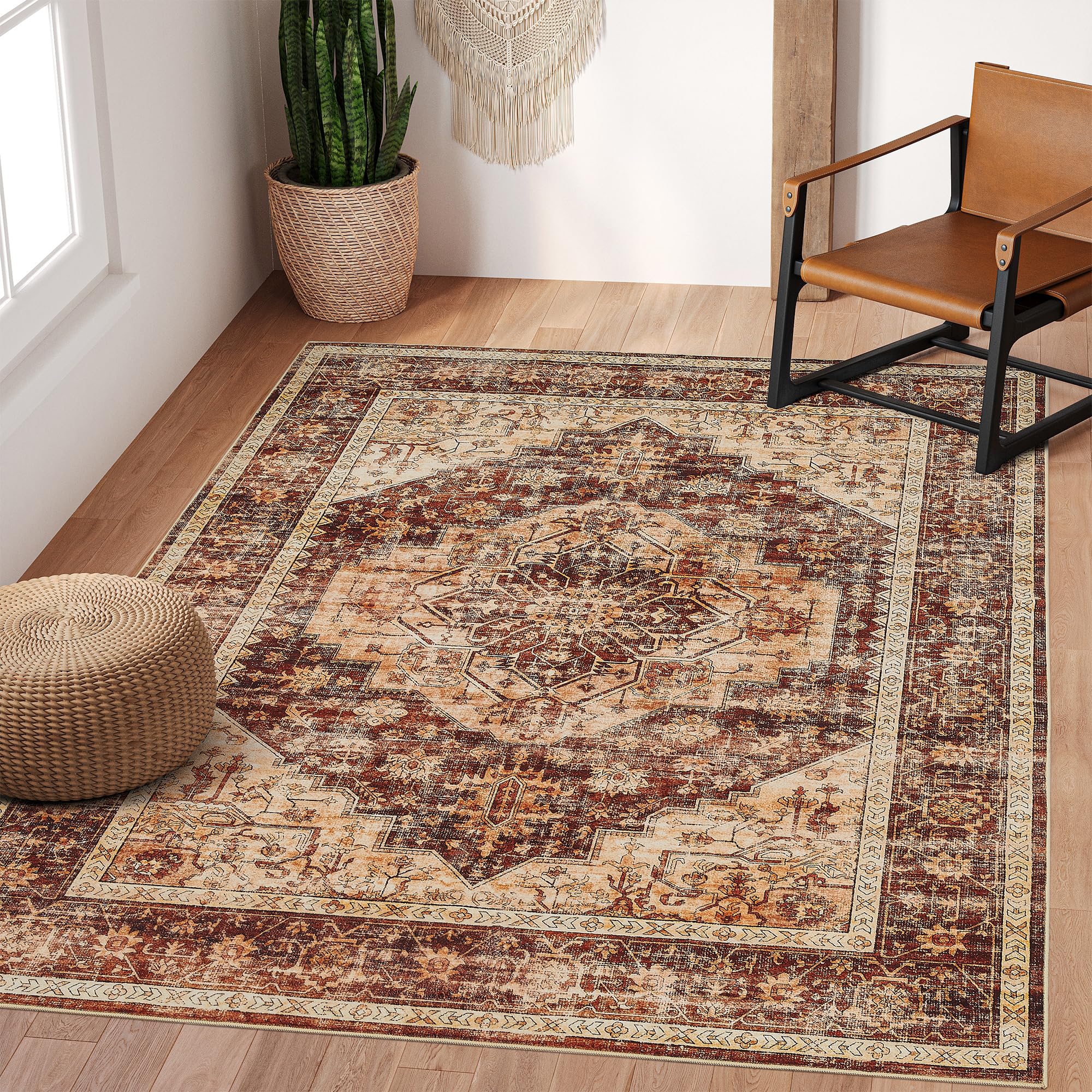 Art&Tuft Washable Rug 8x10, Area Rugs for Living Room, Anti Slip Low Pile Rug Floor Carpet, Vintage Stain Resistant 8x10 Rugs for Bedroom, Dining Room, Kitchen, Brown