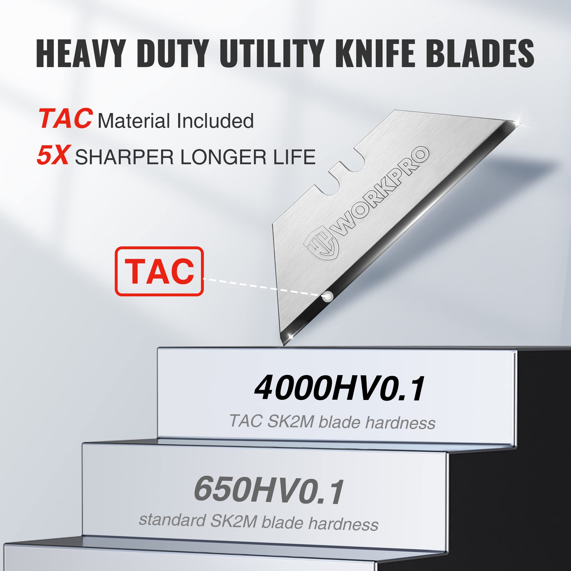 WORKPRO Premium Utility Knife Blades, TAC Diamond Coated SK2M, 50-Pack Utility Blades Replacement with Dispenser