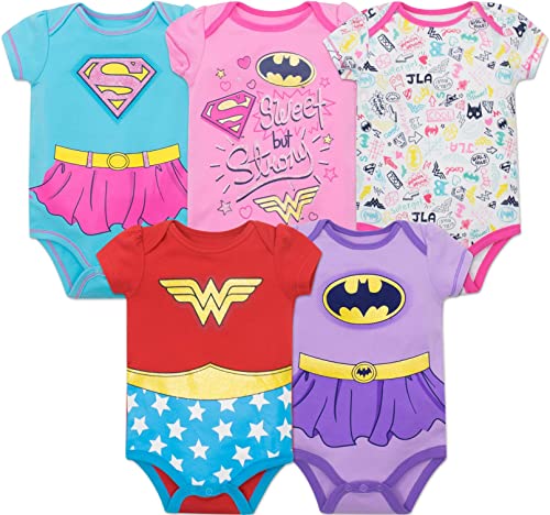 WARNER BROS Justice League Newborn Baby Girls 5 Pack Cosplay Costume Bodysuits Logo Girls 0-3 Months