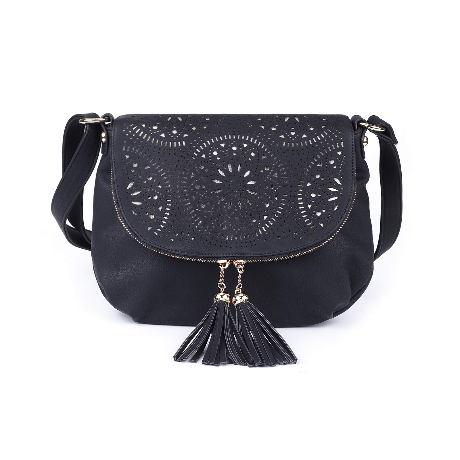 AFKOMST Boho Crossbody Bags for Women Large Size Soft Vegan Leather Over Shoulder Purses and Messenger Satchel Handbags,Multi Pockets,Black