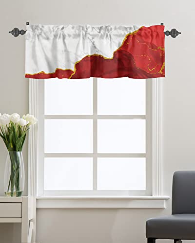Curtain Valance for Windows Red White Gradient Marble Gold Edge Kitchen Valances Rod Pocket Short Curtains,Simple Abstract Art Window Treatment Panel for Living Room Bathroom Bedroom 60x18in