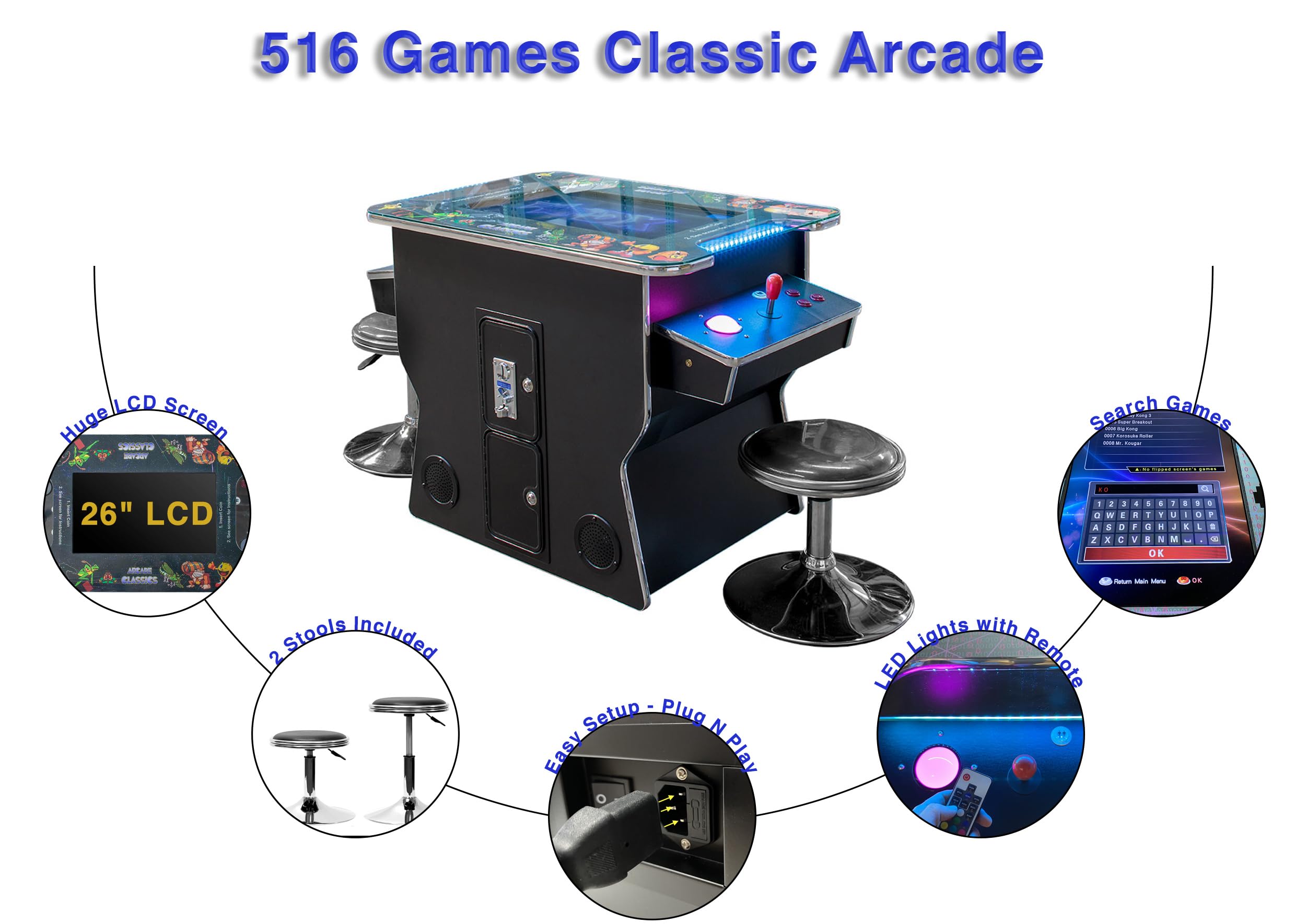 West State Gamerooms Cocktail Arcade Machine – 516 Games in 1 Arcade Game Cabinet – Pre-Assembled 2 Player Retro Video Game Table 26-Inch Screen and 2 Chrome Bar Stools – Commercial Grade