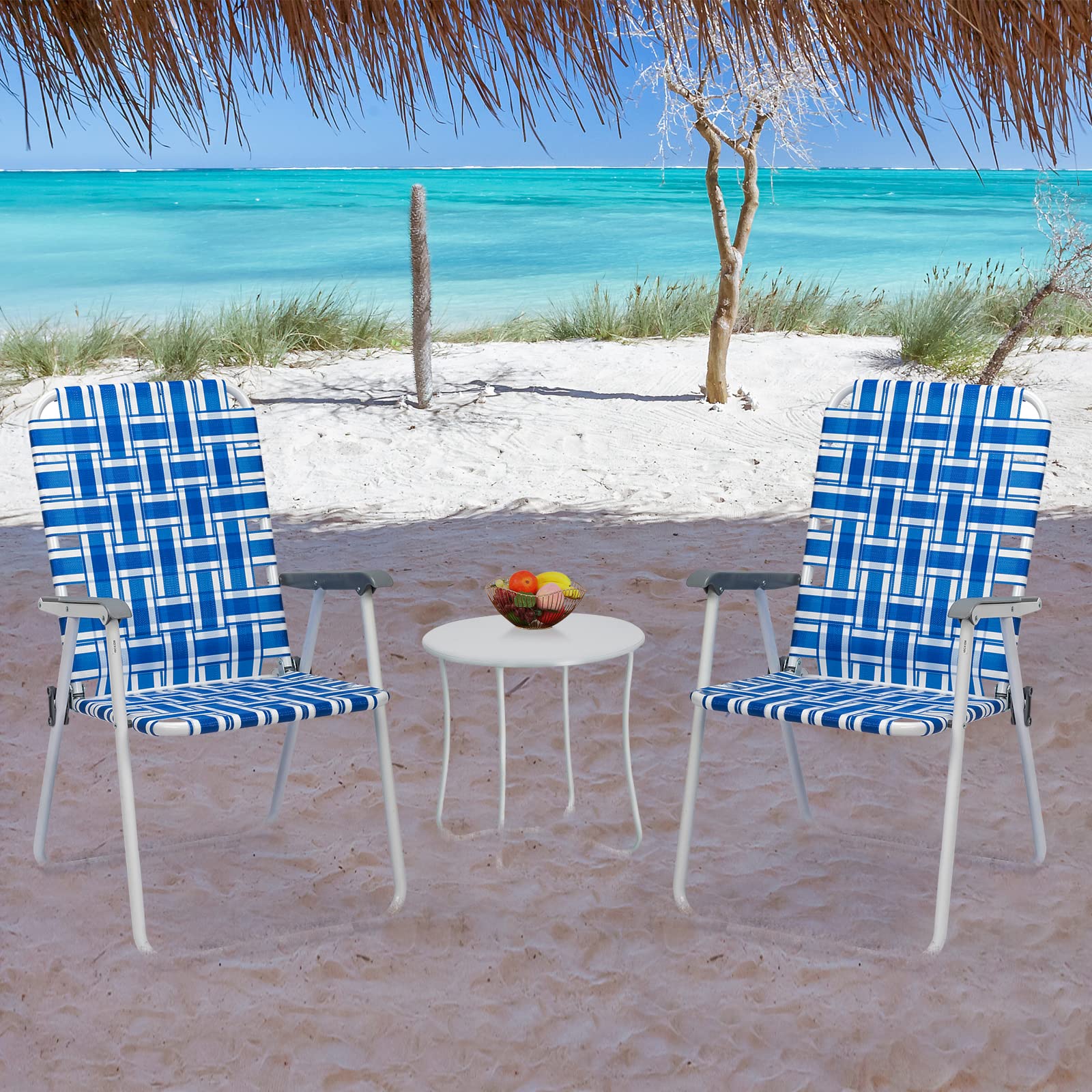 Kcelarec Set of 2 Patio Folding Lawn Chair, Outdoor Beach Portable Webbed Folding Camping Chair for Yard, Garden (Blue 1)