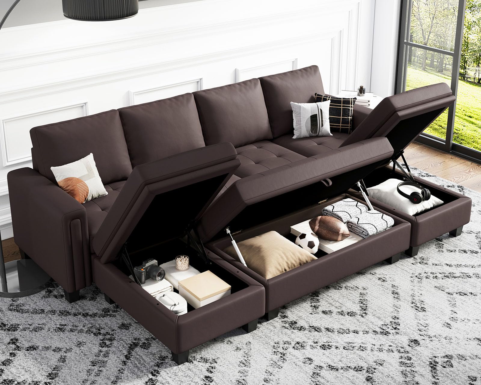 Belffin Faux Leather Convertible 4-Seat Sectional Sleeper Sofa with Reversible Chaise Leather Sleeper Sectional Couch Bed with Storage Ottoman Sectional Sofa Couch Set Brown