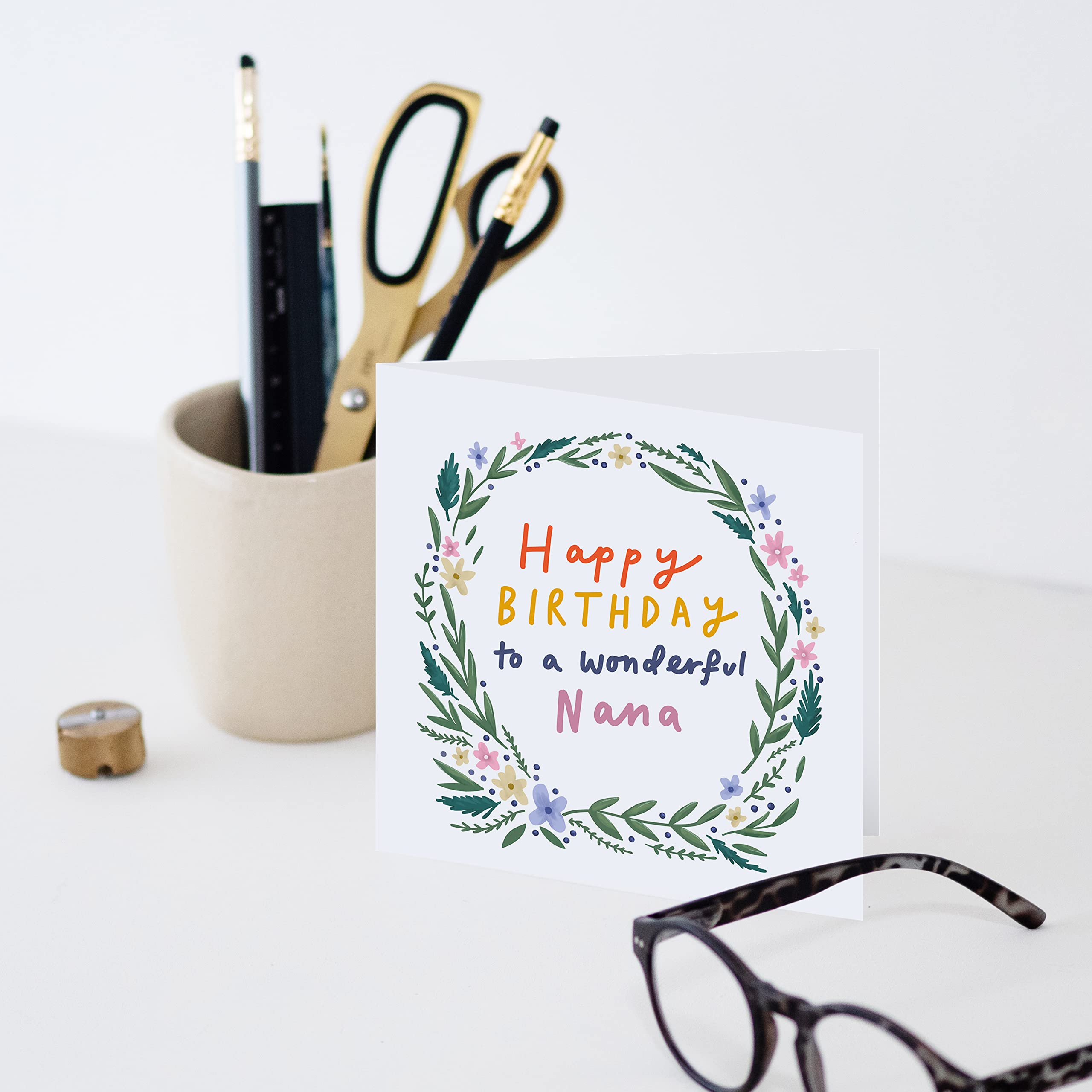 Old English Co. Floral Wreath Happy Birthday Wonderful Nana Card - Birthday Wishes for Her Greeting Card | For 60th, 70th, 80th, 90th | Blank Inside & Envelope Included