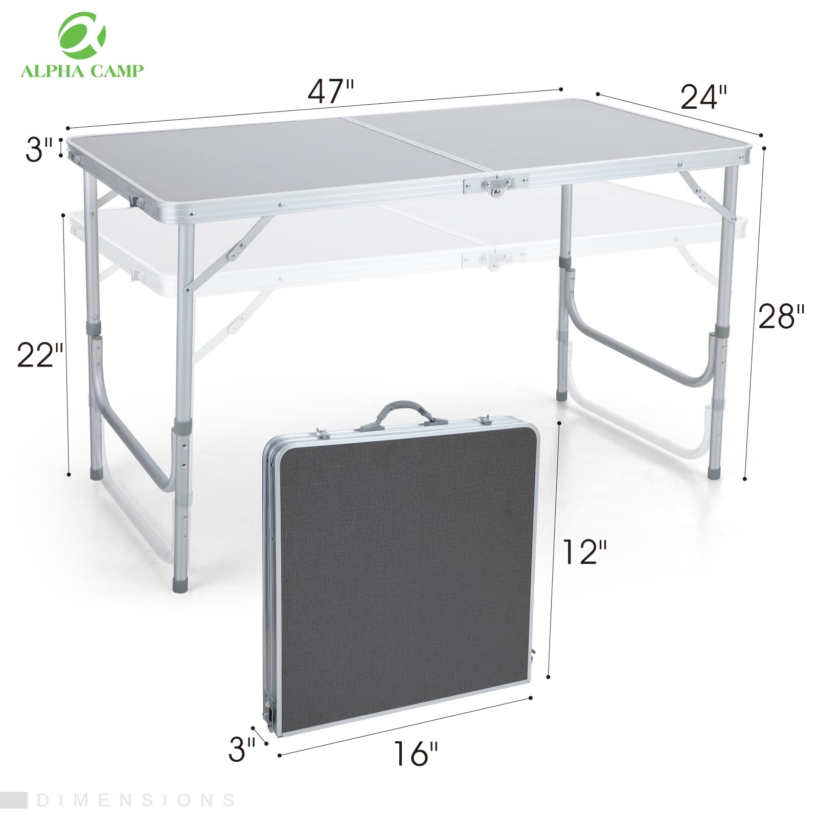 ALPHA CAMP 4ft Folding Camping Table Aluminum Adjustable Height Picnic Table Waterproof and Rust Resistant Portable Desk with Handle Stable Durable Table for Outdoor Camp Traveling Beach,10.1lbs