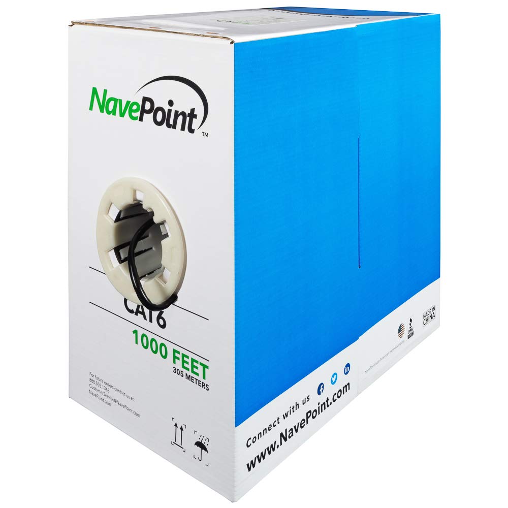 NavePoint Cat6 (CCA), 1000ft, Black, Solid Bulk Ethernet Cable, 550MHz, 23AWG 4 Pair, Unshielded Twisted Pair (UTP)