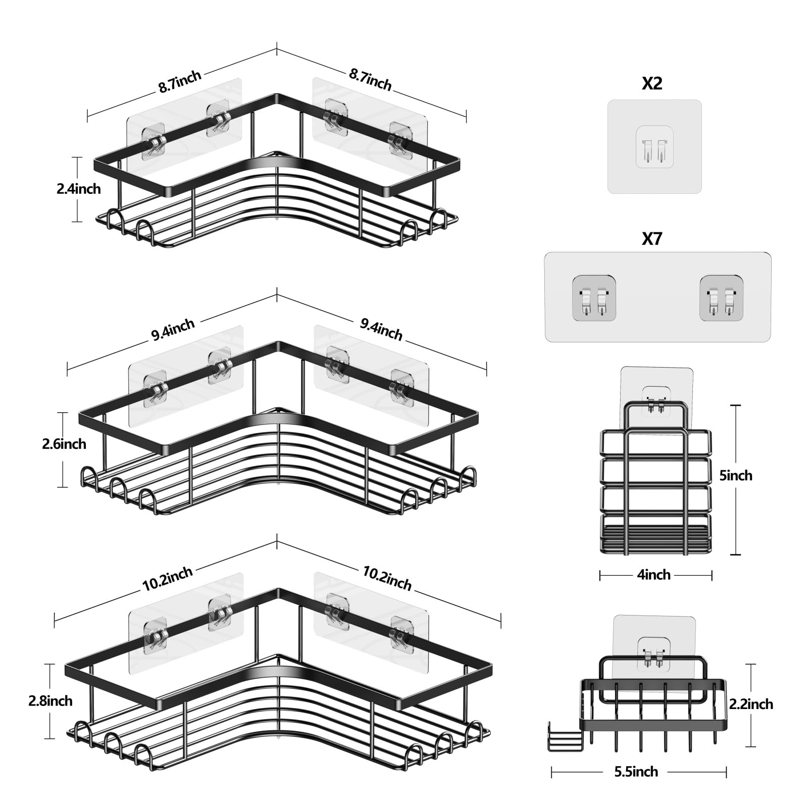 Bilillo Corner Shower Caddy, 5-Piece Adhesive Rustproof Wall Mounted Shower Storage Rack, with Soap Holder and Toothbrush Holder, No Drilling, Used for Organization Storage in Kitchen and Bathroom