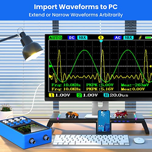Digital Oscilloscope with 2 Channels 120Mhz Bandwidth Signal Generator 500MSa/s Sampling Rate, 2.8" LCD Backlight Display, Waveforms Storage, 3 Scan Modes, XY/YT/Roll, FFT Spectrum, Single Trigger