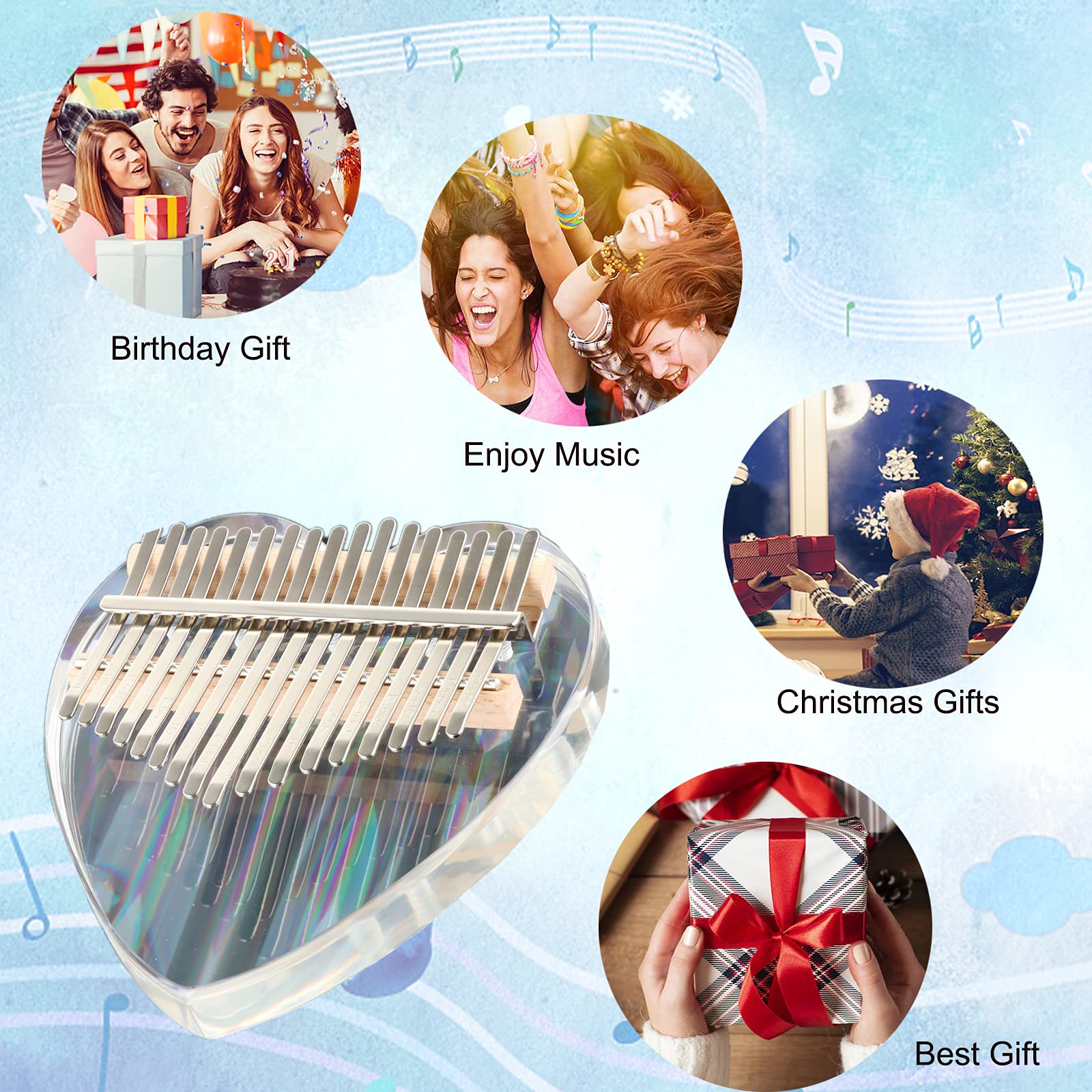 Kalimba Thumb Piano 17 Keys, Clear Finger Piano Kalimba with Tune Hammer and Study Instruction for Gift Kids Adult Beginners Professional