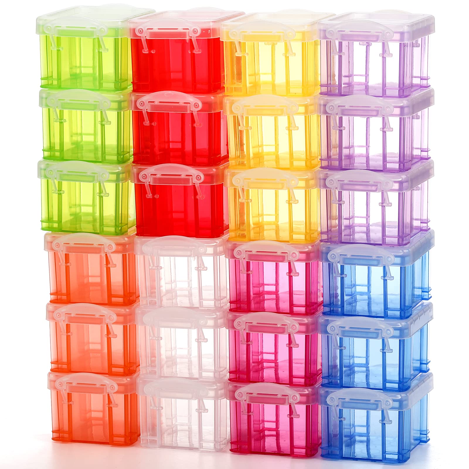 Hiceeden 24 Pack Mini Plastic Storage Bins with Lid, 3.3"Ă2.6"Ă2" Clear Latch Small Storage Box, Stackable Organizer Container for Crafts, Jewelry Beads, Office Supplies, 8 Colors