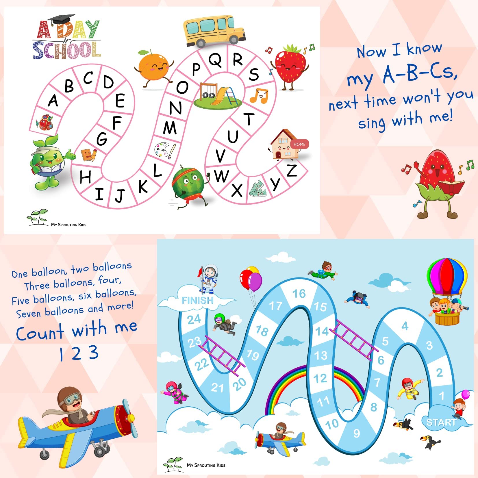 Toddler Placemats (12 to 48 Months) Set of 4 Placemats, Education Placemats for Kids, Non Slip Placemats for Dining Table, Easy to Clean Wipeable Reusable Plastic Placemats