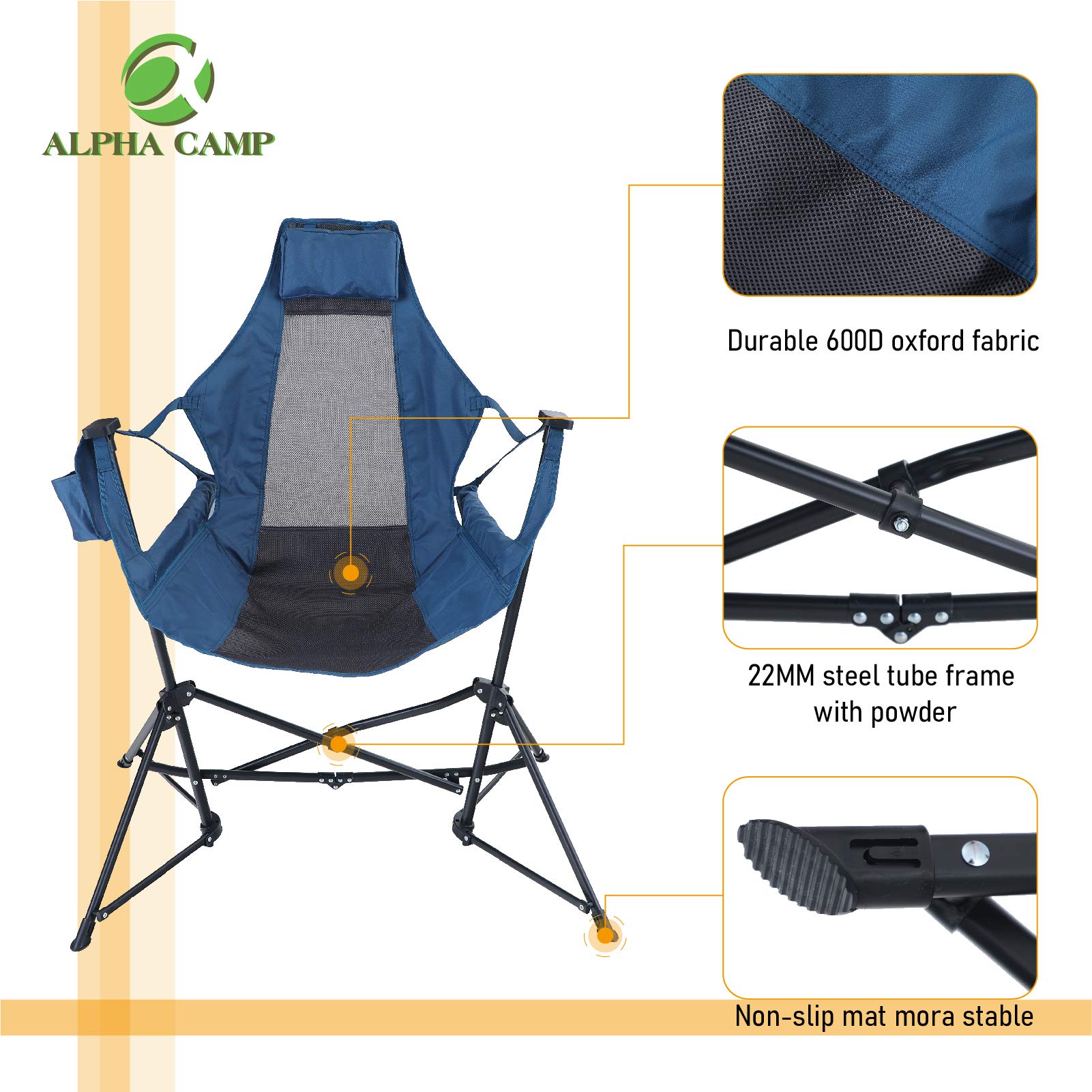 ALPHA CAMP Hammock Folding Rocking Chair with Cup Drink Holder, High Back, for Outdoor,Camping, Lawn,Backyard,Picnic, Steel,Heavy Duty Portable Oversized Capacity-350lbs