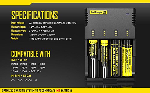 NiteCore Intellicharger New I4 V2 Universal 4 Channel Li-Ion Ni-Cd Ni-MH Smart Charger, Black