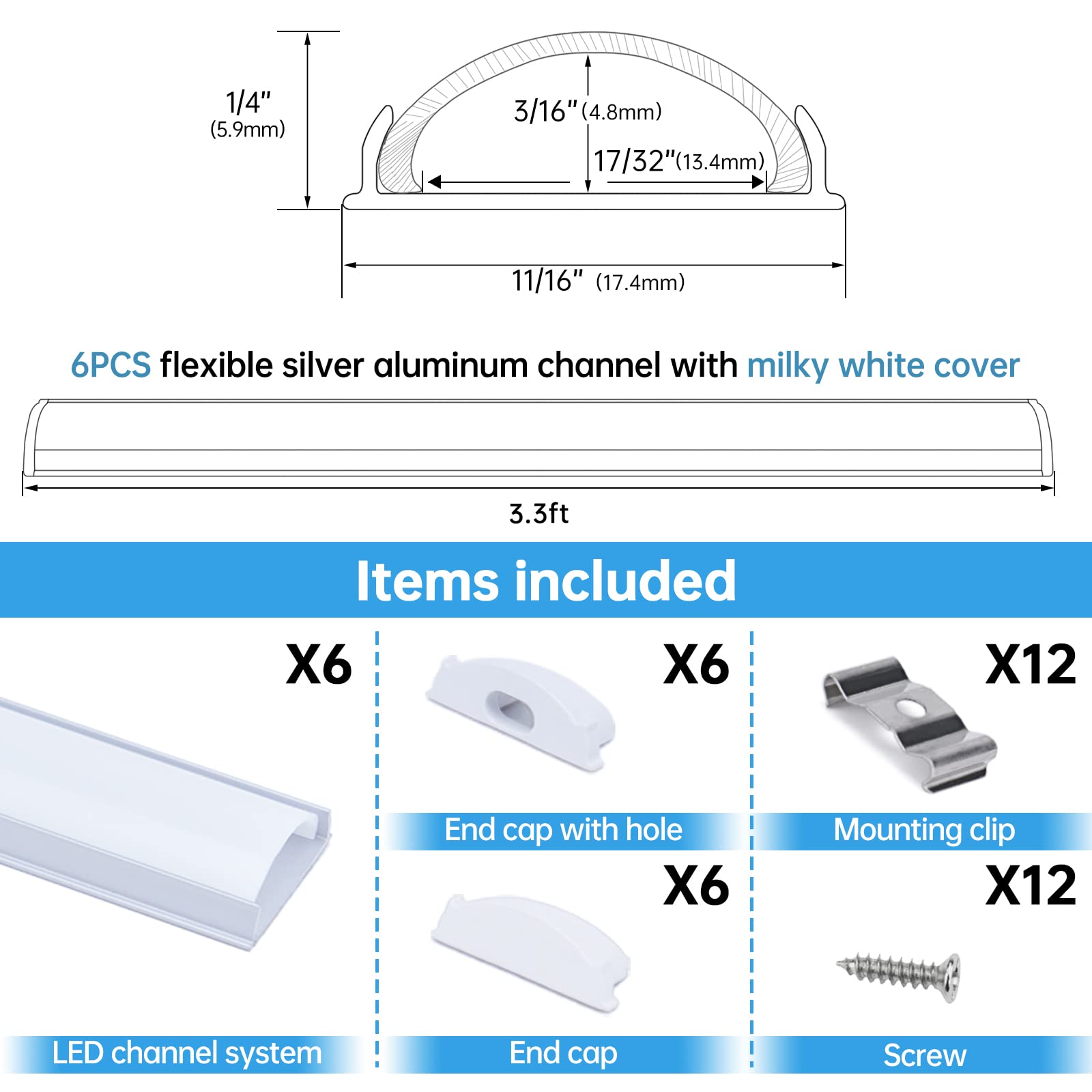 Muzata 6Pack 3.3FT/1M Bendable Silver LED Channel U Shape Aluminum LED Diffuser Channel with Milky White Cover U106 WW 1M