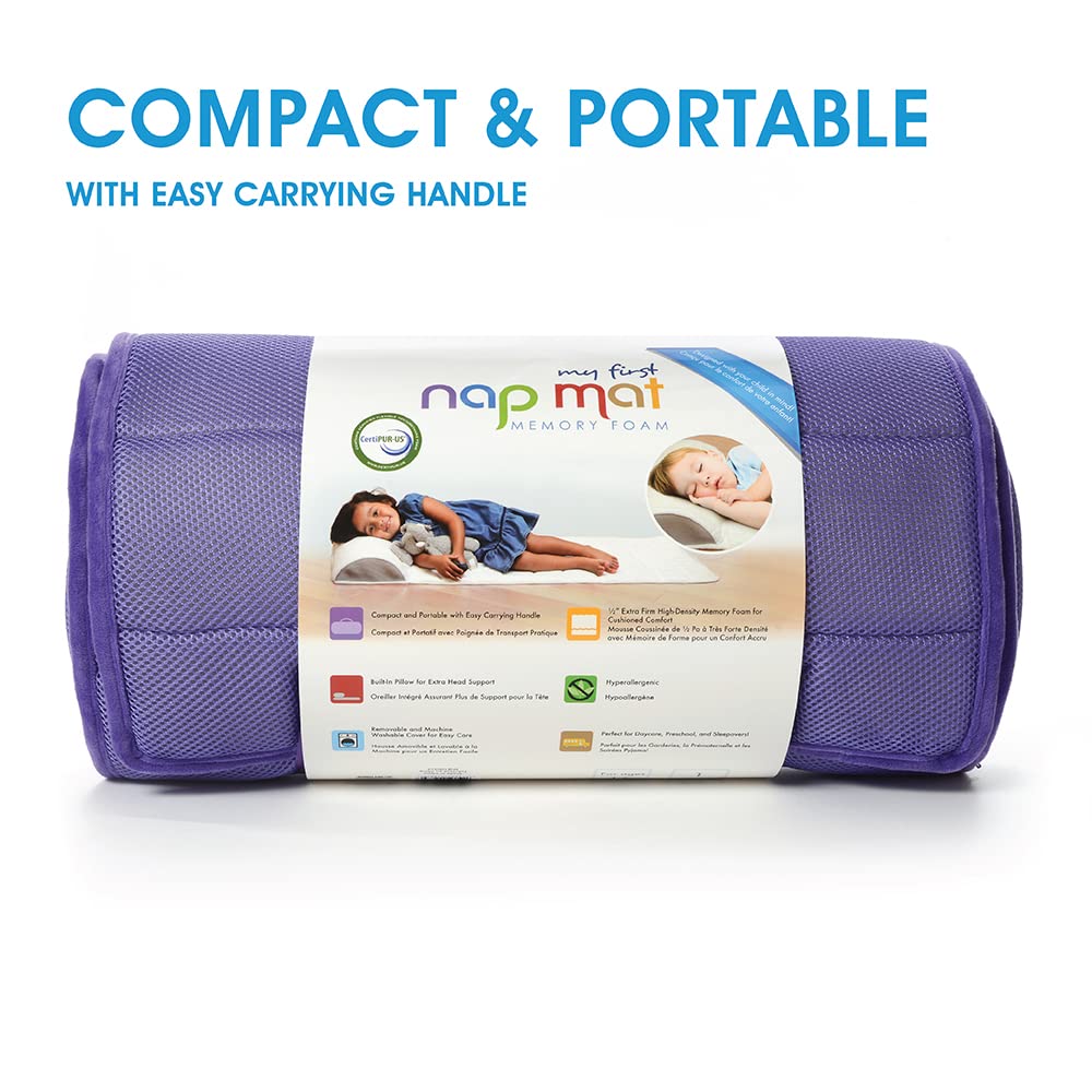 My First - Toddler Nap Mat, Memory Foam Sleeping Mat with a Removable Pillow, Portable and Compact, β21 x 9.5 x 1 inch, Purple, Pack of 1