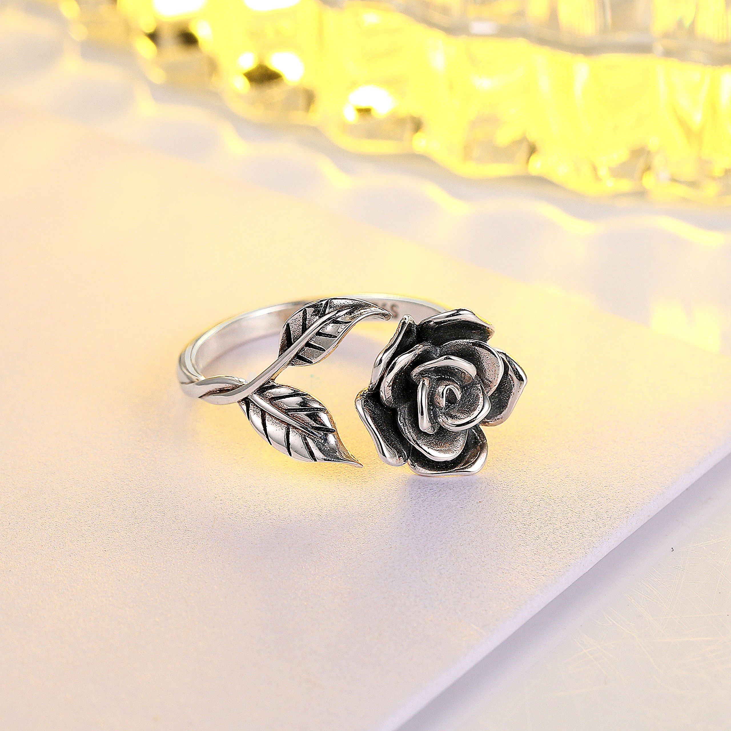 Alphm S925 Sterling Silver Adjustable Wrap Open Rings Rose Flower Floral Ring for Women Purity