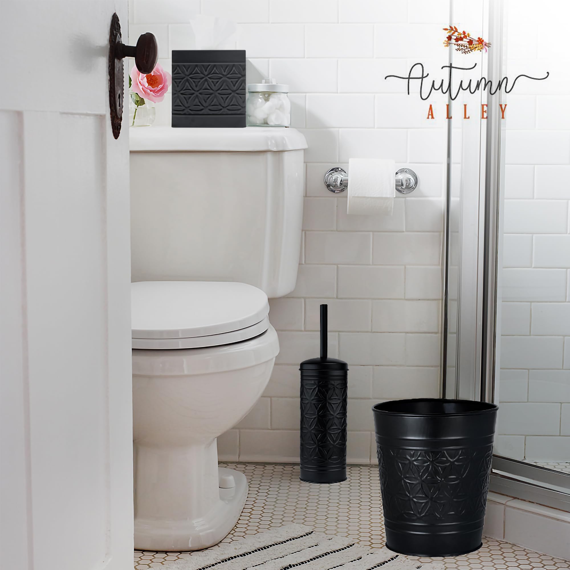 Autumn Alley Black Trash Can for Bathroom, Round Open-Top Bathroom Trash Basket Black Stylish Metal Black Waste Basket for Bedroom, Office Bathroom Accessories, Black