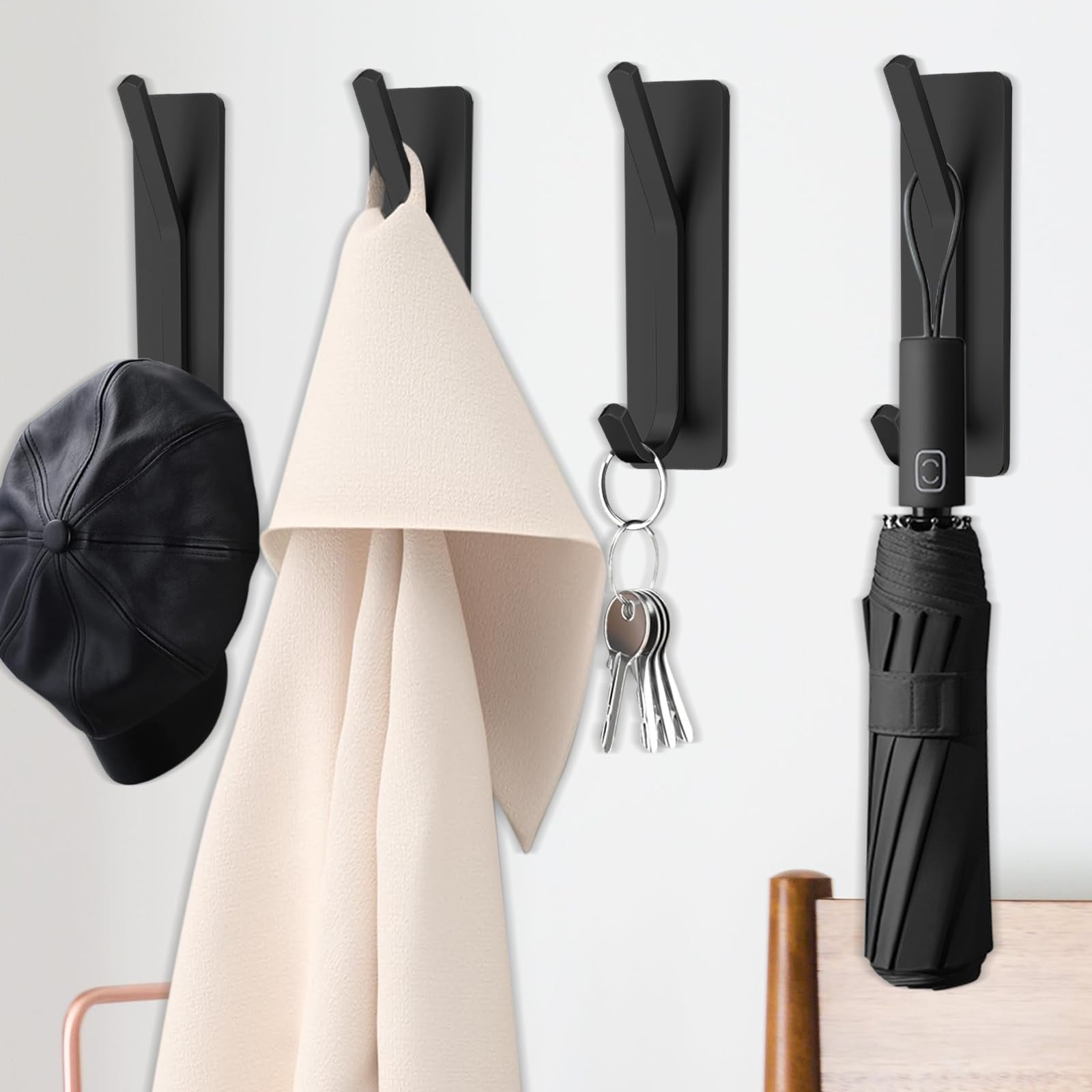 Esharcasy Adhesive Hooks Heavy Duty,6 Packs Towel Hooks on Wall,Stainless Steel Wall Hooks Coat Robe Hooks for Kitchen Bathroom (Black-B)