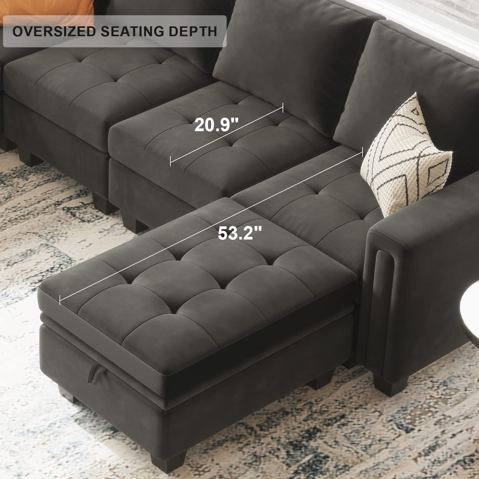Belffin Velvet Modular Sectional Sofa with Storage Ottoman 6 Seater L Shaped Sectional Modular Sofa Couch with Reversible Chaise Convertible Corner Sectional Couch Grey